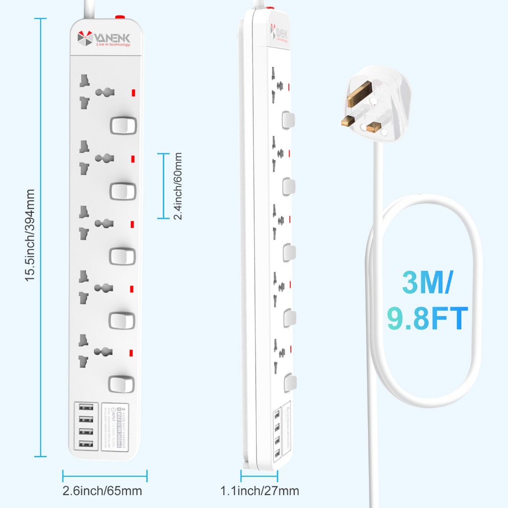 Universal Power Extension Socket Safety Power Strip With USB 3.4A MAX ...
