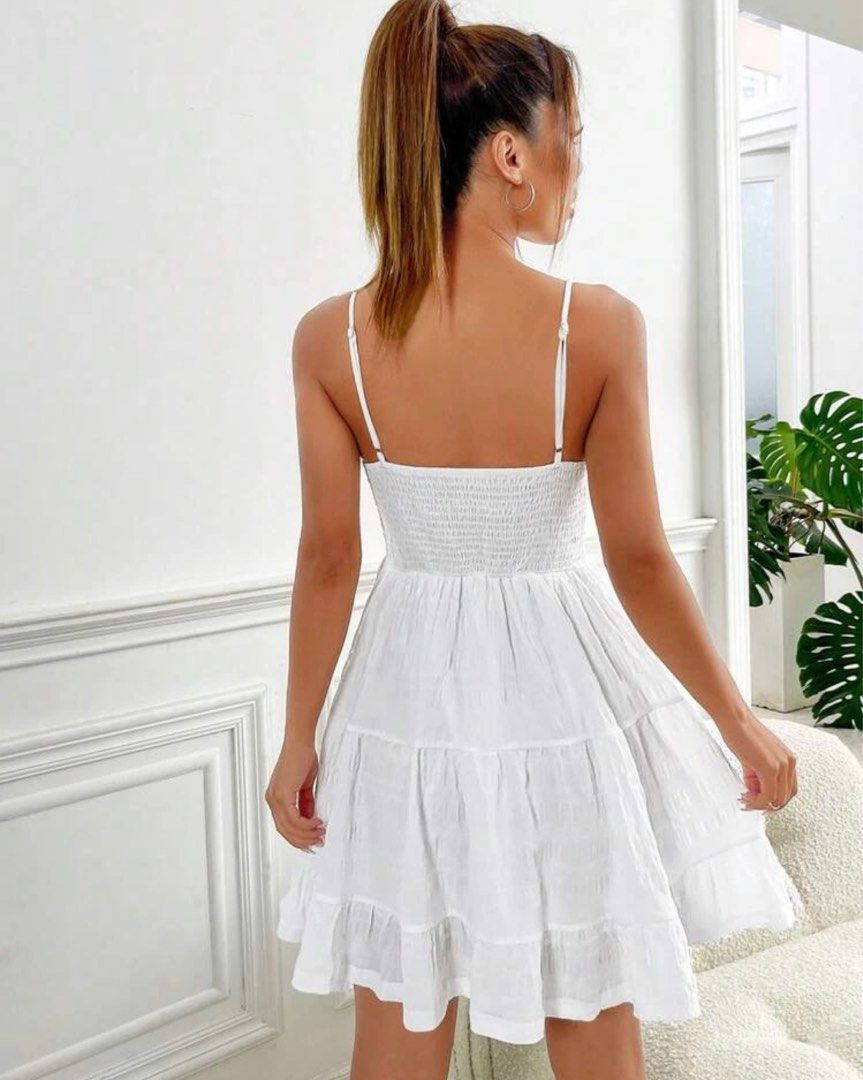 White Sleeveless / Strap Scrunched Shirred Ruffled Tiered Dress, Women ...