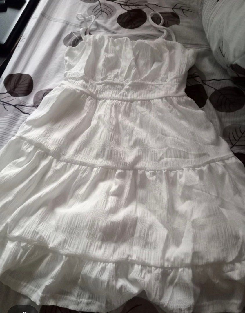 White Sleeveless / Strap Scrunched Shirred Ruffled Tiered Dress, Women ...