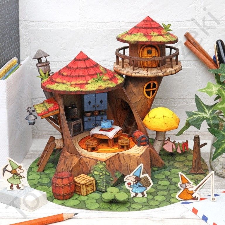 3D Miniature World Paper Craft Rumah Pohon Dwarf Papercraft Tree House ...