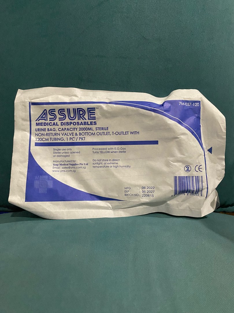 Assure Urine Bag sterile 2L T-Outlet 120cm Tubing, Health & Nutrition, Medical Supplies & Tools ...