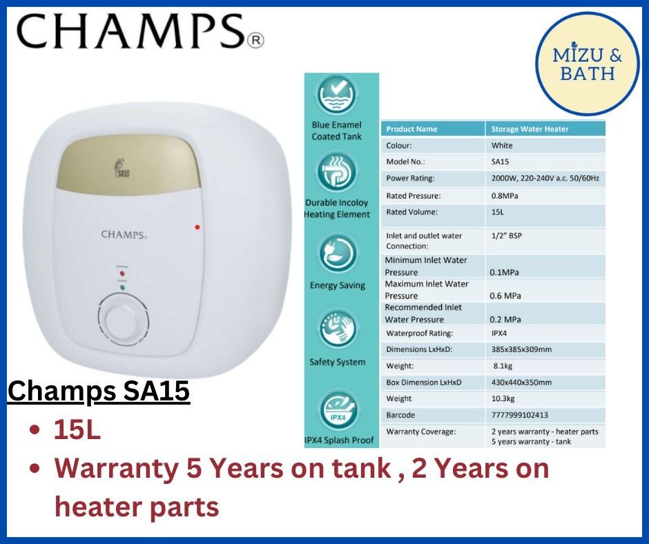CHAMPS SA15/SA30 STORAGE WATER HEATER, Furniture & Home Living ...