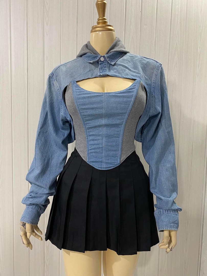 Denim jacket corset, Women's Fashion, Tops, Longsleeves on Carousell