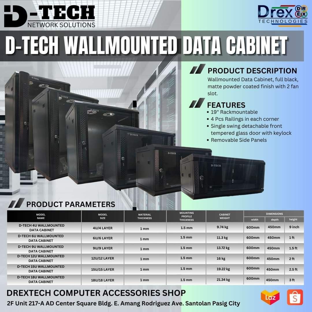D-Tech Wallmounted Data Cabinet 600x4500 (Note: 2Fanslot, Pure Black, Glass Door), Furniture ...