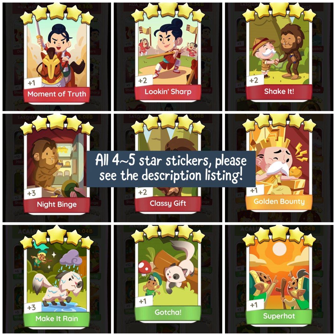 Monopoly Go Stickers (All 4&5 stars), Hobbies & Toys, Toys & Games on ...