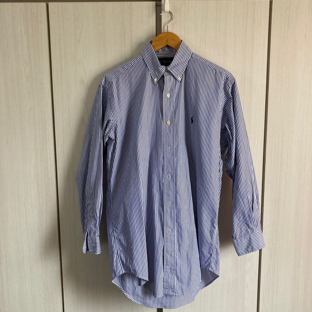 Polo Ralph Lauren Blue & White Pin Stripe Long Sleeve Formal Shirt L Size, Men's Fashion, Tops ...