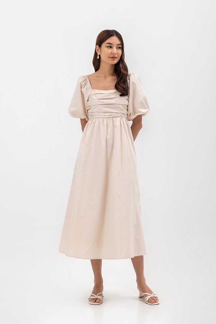 PUFF SLEEVE PLEATED CHEST MIDI DRESS, Women's Fashion, Dresses & Sets ...