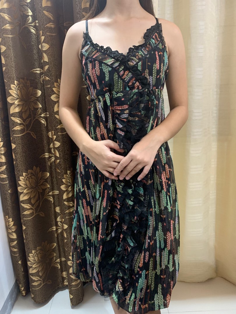 Ruffled Printed Black String Low Back Dress, Women's Fashion, Dresses ...