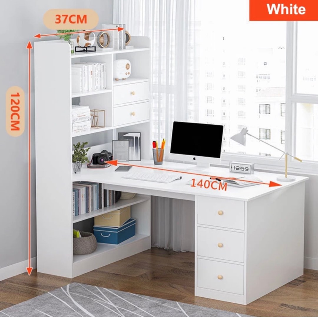 Study Table With Drawers and Shelf 140CM White/Wood Office Table ...