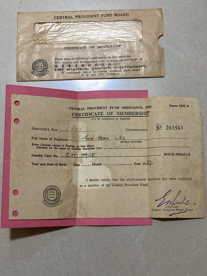 1964 Singpore CPF Certificate of Membership, Hobbies & Toys ...