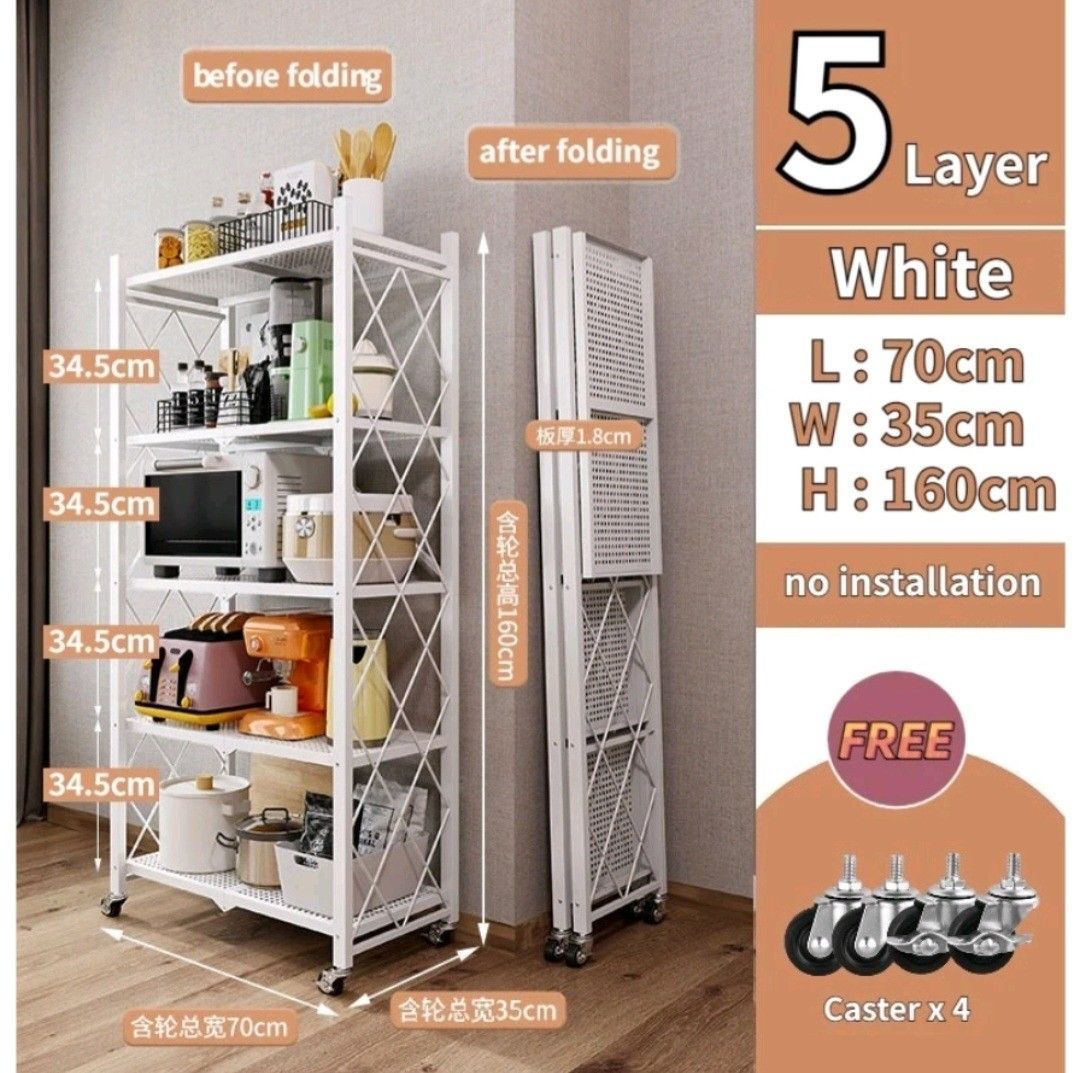 5 layer foldable storage rack with wheels, Furniture & Home Living ...