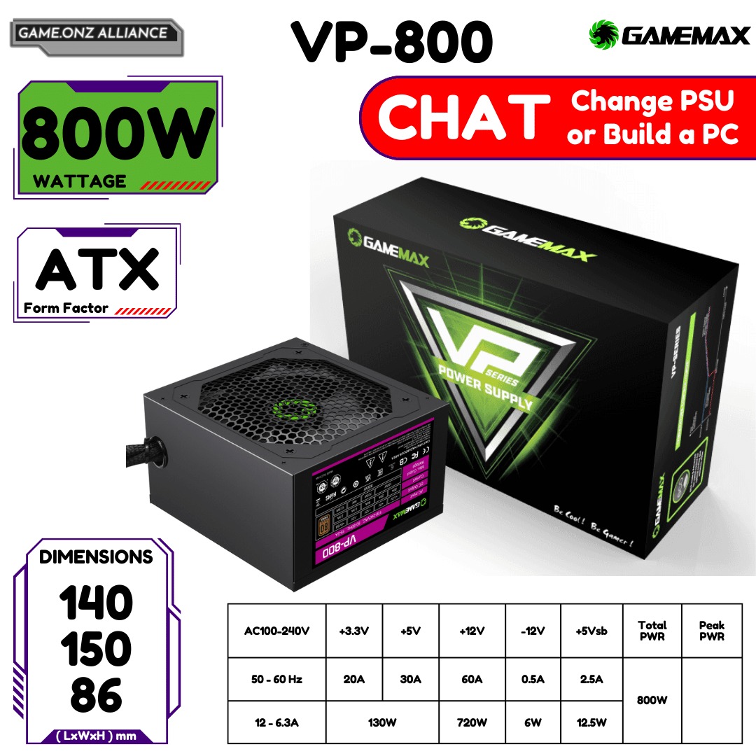 80+ BRONZE CERTIFIED 800W PSU | GAMEMAX VP-800 VP800 POWER SUPPLY UNIT ...