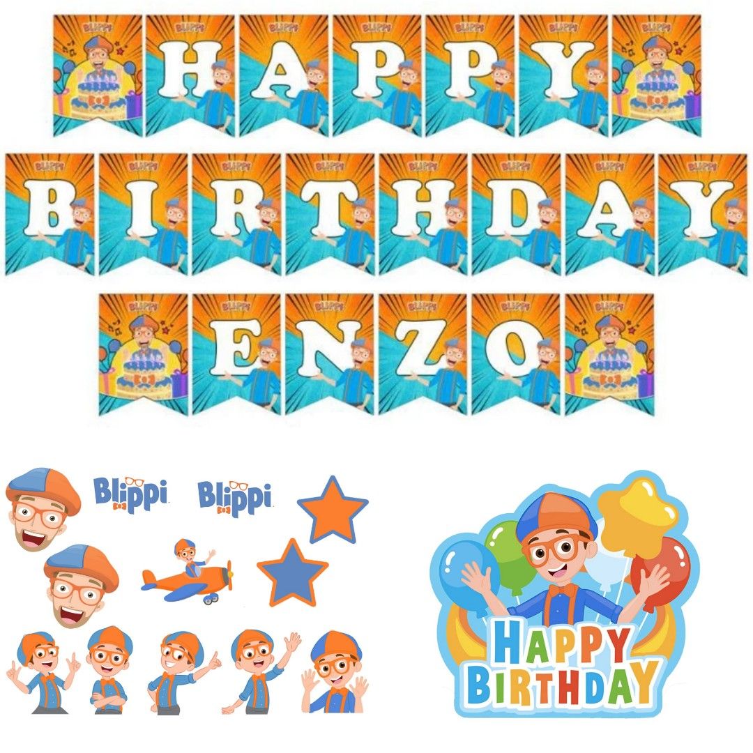 Blippi Theme Happy Birthday Party Banner Cupcake Cake Topper Decoration ...
