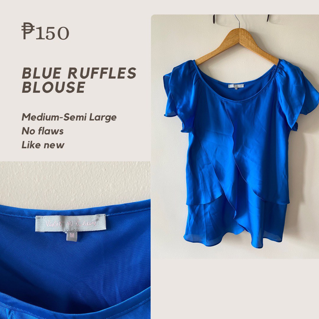 Blue Ruffles Blouse, Women's Fashion, Tops, Blouses on Carousell