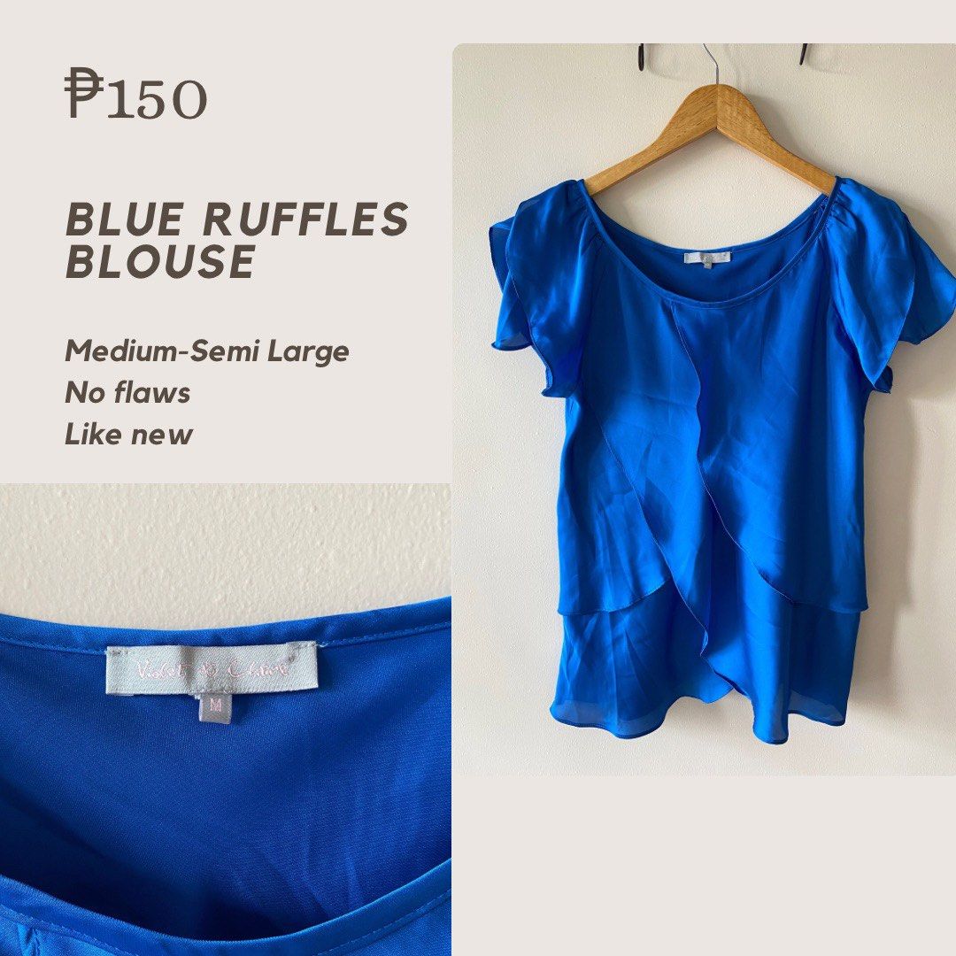 Blue Ruffles Blouse, Women's Fashion, Tops, Blouses on Carousell