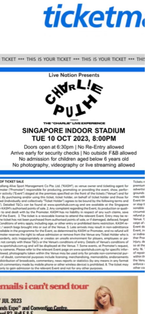 Charlie Puth Concert Ticket in Singapore, Tickets & Vouchers, Event ...