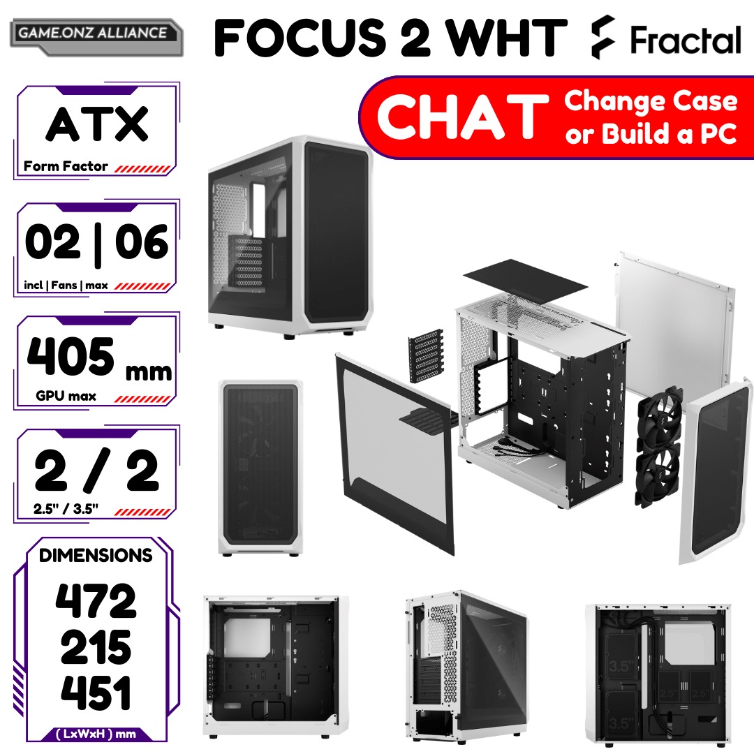 FRACTAL DESIGNS FOCUS 2 WHITE PC CASING CHASSIS | ATX MATX MOBO ATX PSU ...