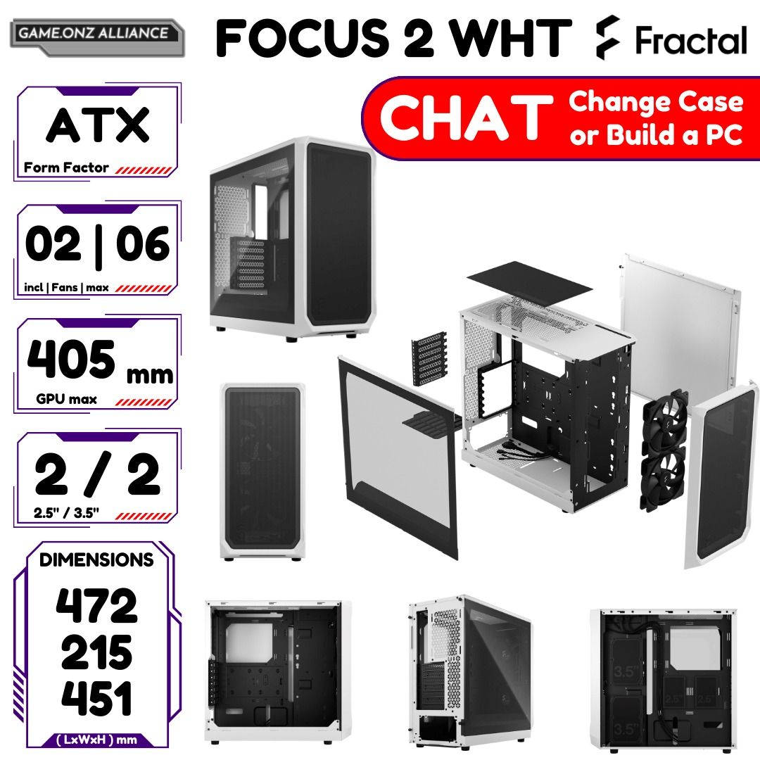 FRACTAL DESIGNS FOCUS 2 WHITE PC CASING CHASSIS | ATX MATX MOBO ATX PSU ...