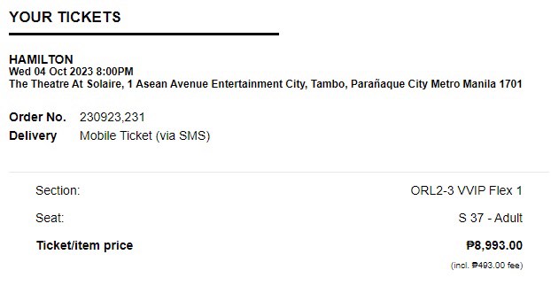 Hamilton in Manila, Oct4, 8pm, Orchestra (VVIP Flex 1), Tickets ...