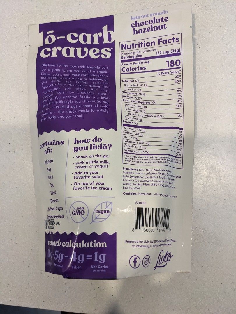 Livlo - Keto granola chocolate hazelnut, Food & Drinks, Packaged ...