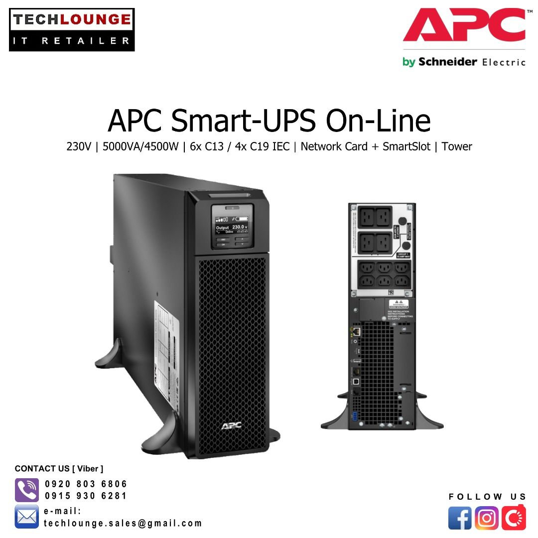 APC Smart-UPS On-Line SRT5KXLi 5kVA, Tower, 230V, 6x C13+4x C19 IEC ...