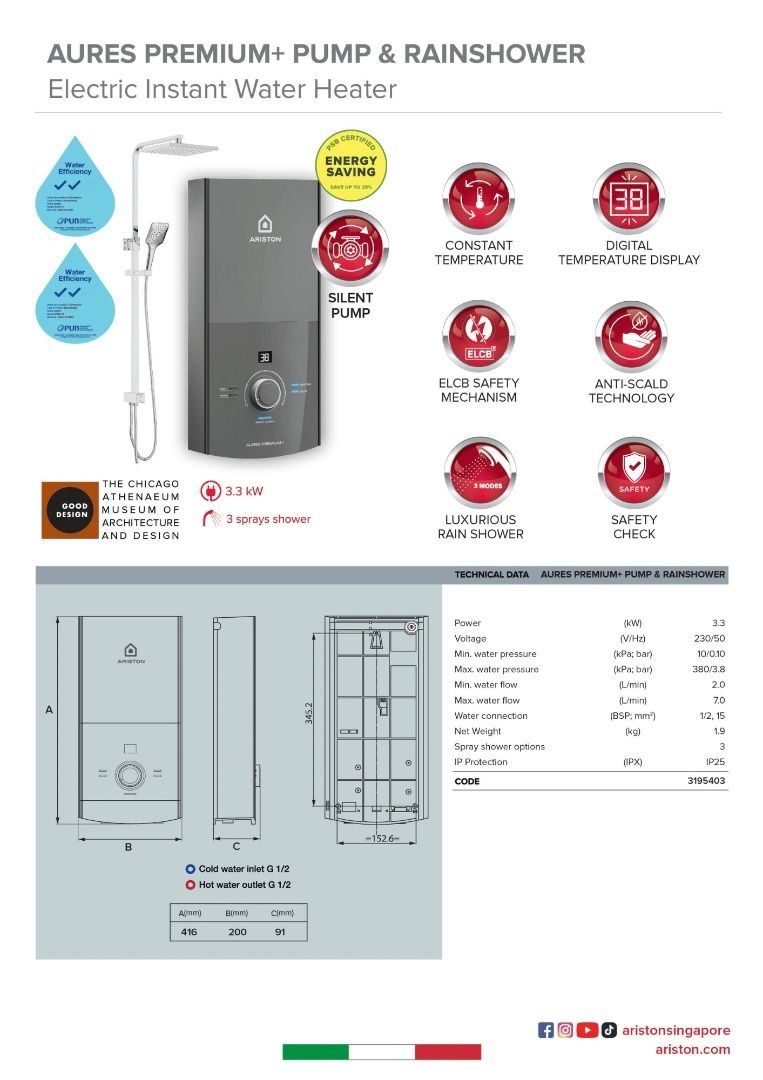 Ariston Aures Premium+ PUMP & Rainshower Instant Water Heater with ...
