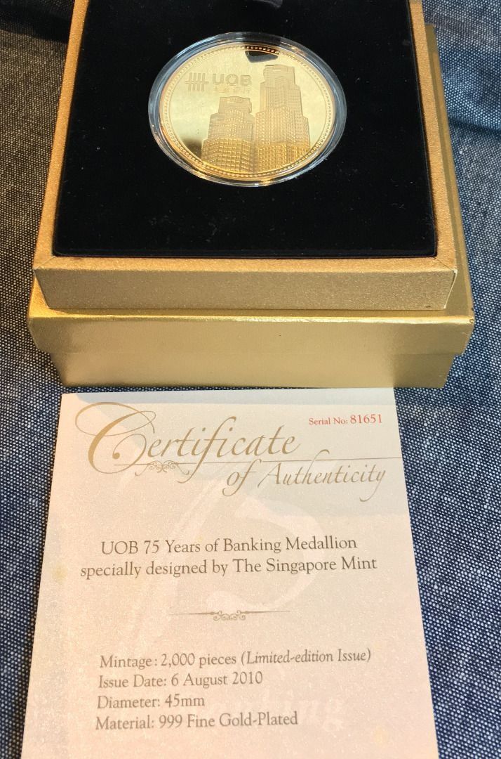 Gold plated coin - UOB anniversary, Hobbies & Toys, Memorabilia ...