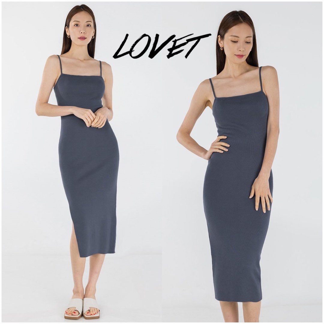 Lovet Liz Tie String Cami Knit Midi Dress Gray Gunmetal Blue One Strap ...