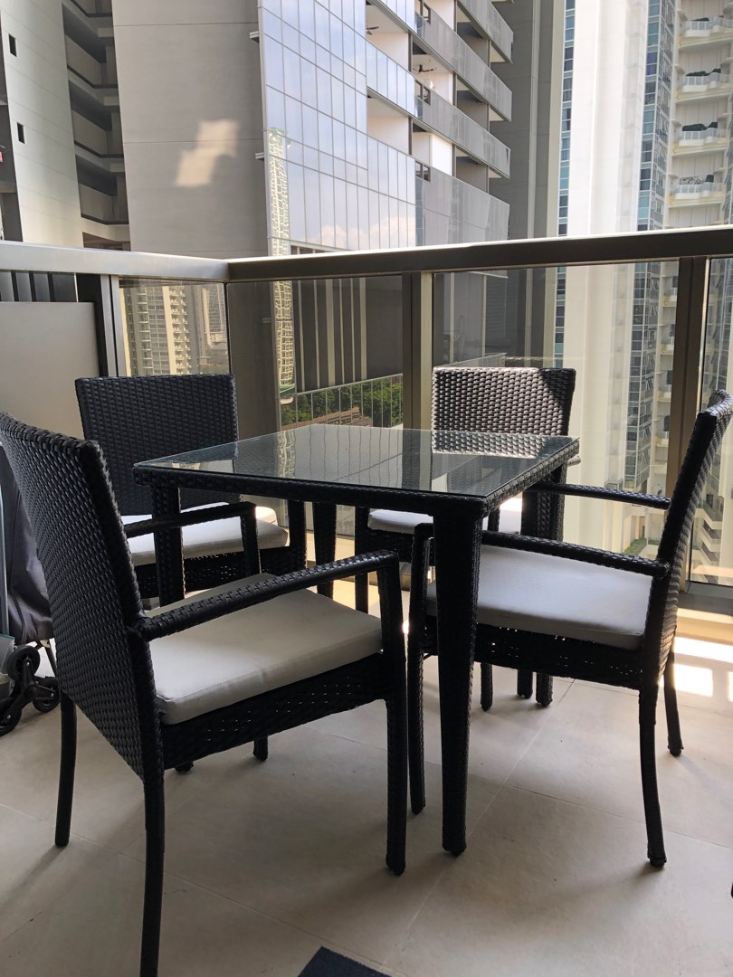 Black rattan look Outdoor glass top dining table and 4 person chair set ...