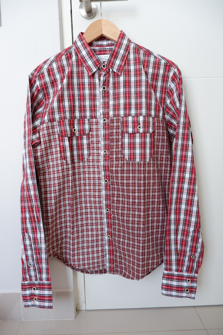 (PRELOVED) ZARA Man Kemeja Lengan Panjang Kotak Merah Putih, Fesyen ...