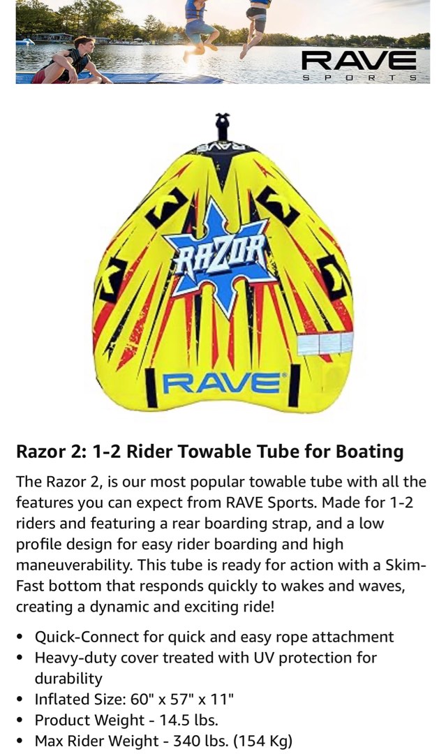 Razor 2: 1-2 Rider Towable Tube for Boating + ropes and vests, Sports ...
