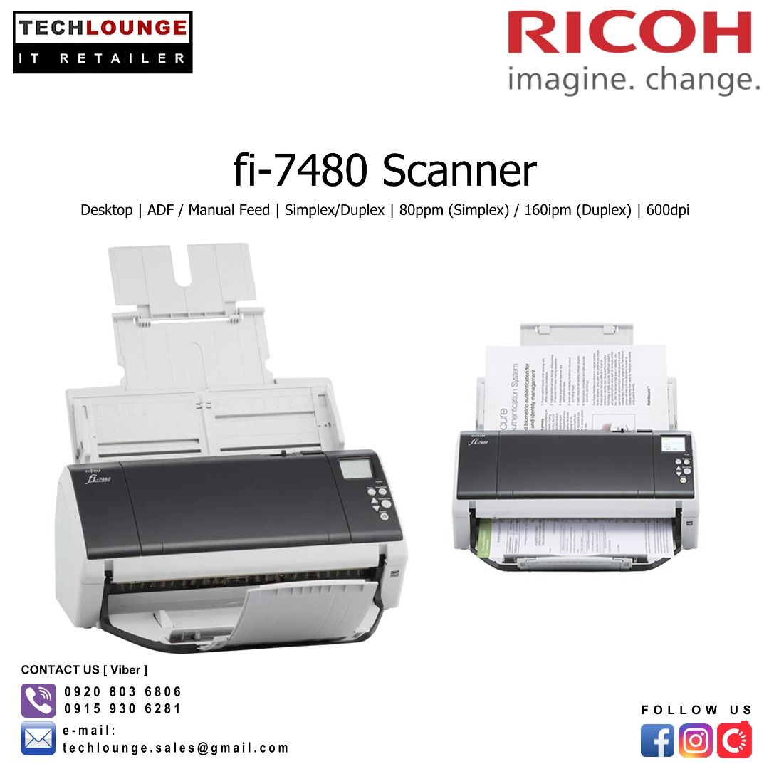 RICOH FI-7480 DOCUMENT SCANNER - ADF/Manual Feed, Simplex/Duplex, 80ppm ...