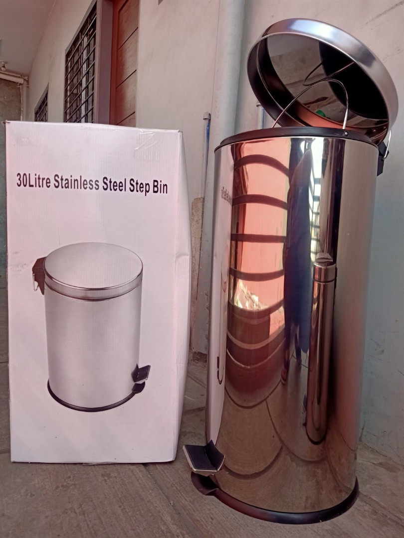 ROUND STAINLESS TRASH BIN, Furniture & Home Living, Cleaning & Homecare ...