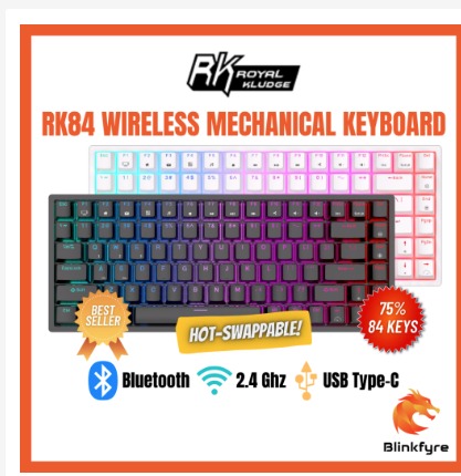 Royal Kludge RK84 Hot Swappable BT Wireless RGB Mechanical Gaming ...