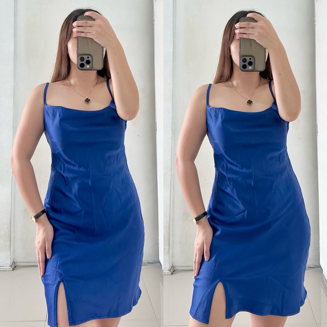 Shein Blue Silk Satin Dress, Women's Fashion, Dresses & Sets, Dresses on Carousell
