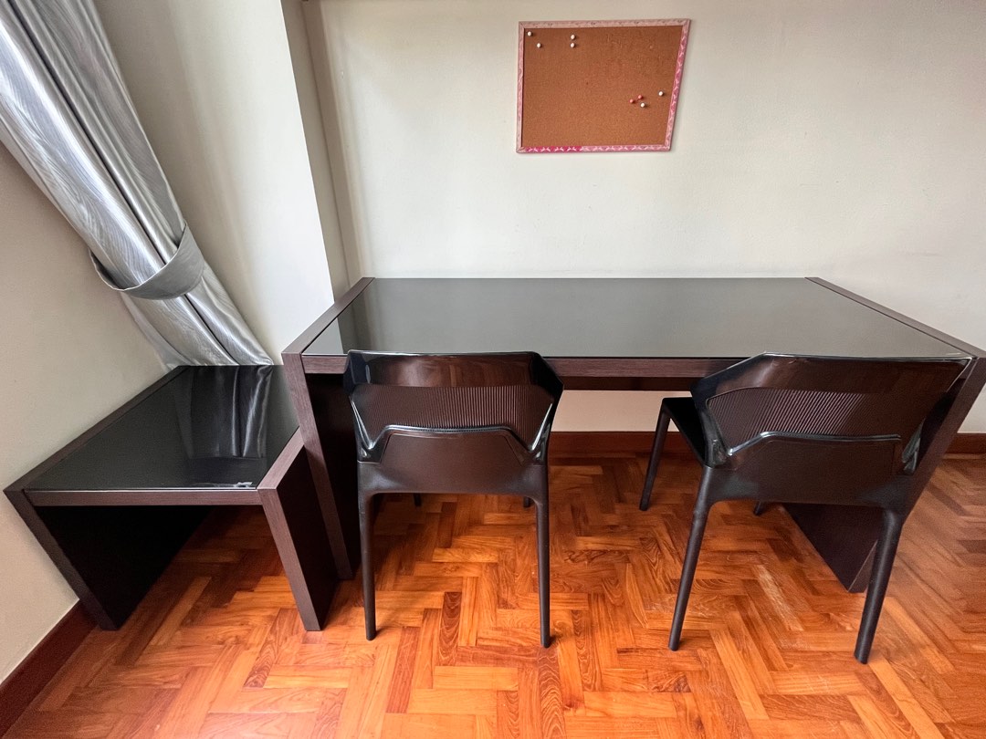 Study table with tempered glass and 2 chairs, Furniture & Home Living ...