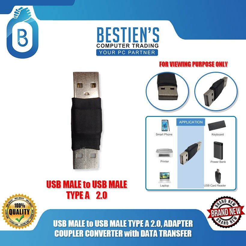 USB MALE to USB MALE TYPE A 2.0, ADAPTER COUPLER CONVERTER with DATA ...