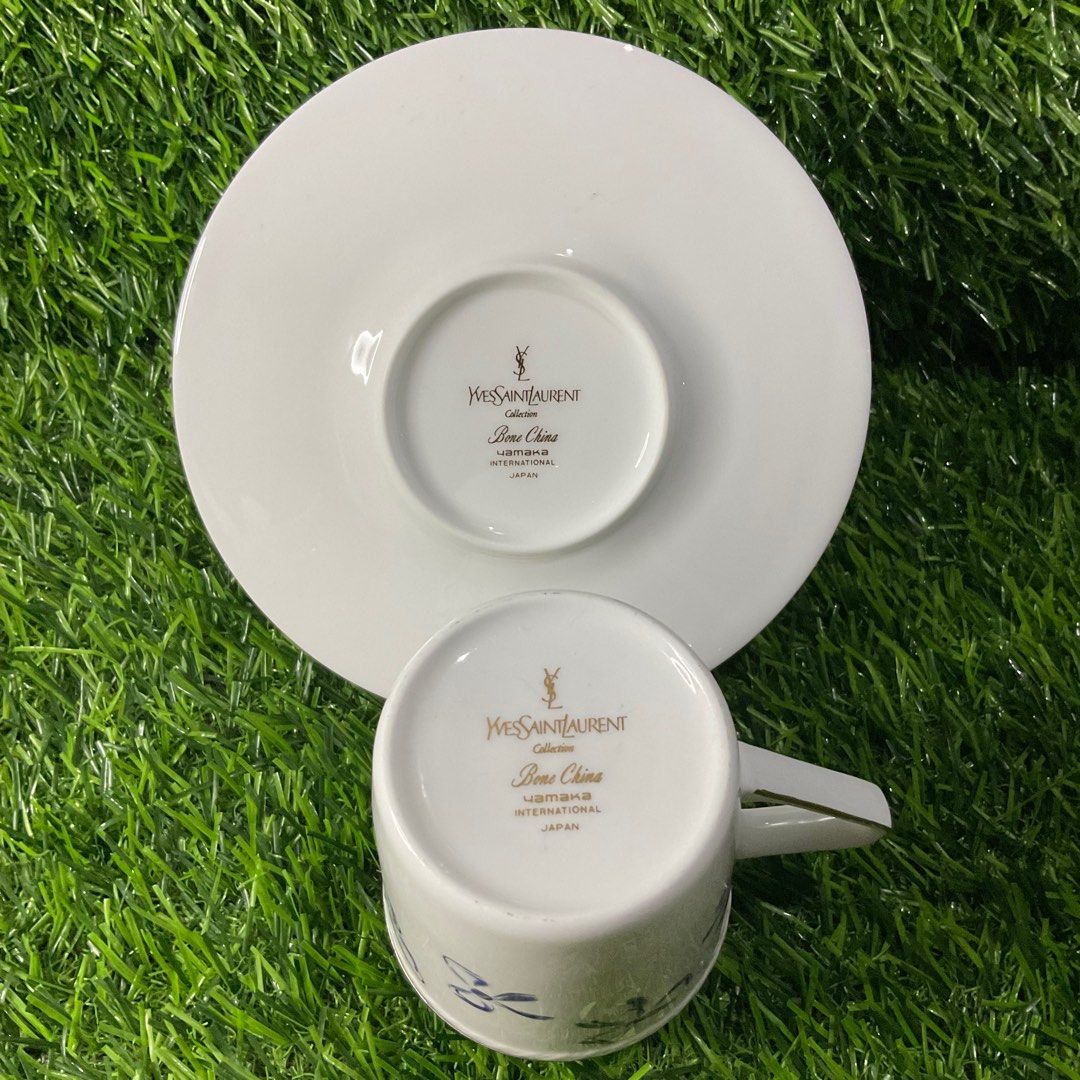 Yves Saint Laurent YSL Yamaka Bone China Blue Ribbon Gold Rim Coffee ...