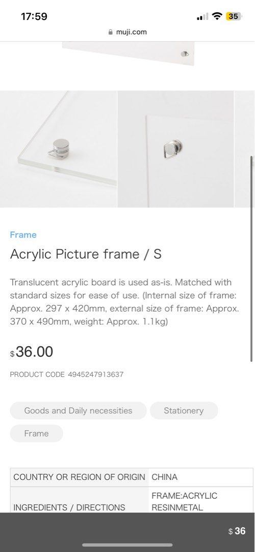 Acrylic picture frame from muji A3 size 370mm x 490mm, Furniture & Home ...