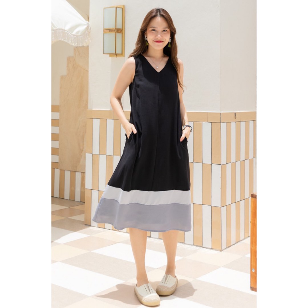 ACW Colourblock Panel Flowy Midi Dress - Black, Women's Fashion ...