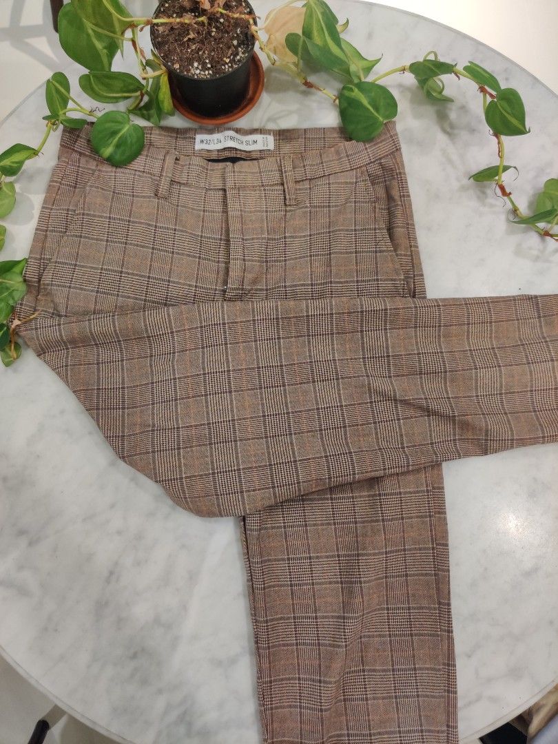 Primark - Brown Tartan Pattern Trousers (slim fit), Men's Fashion ...