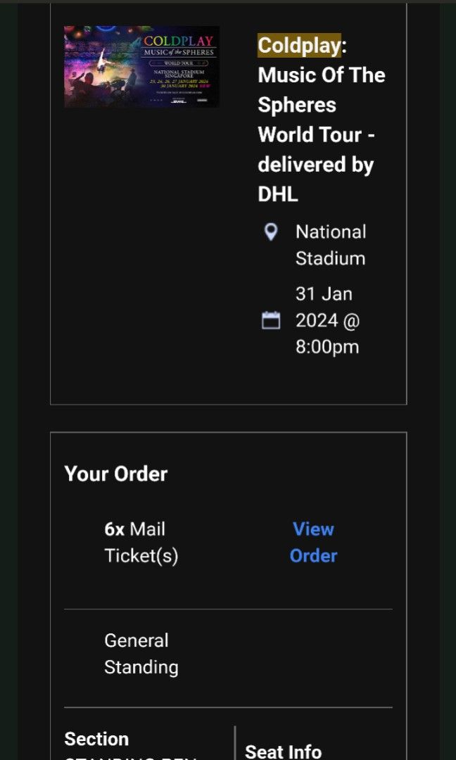 Coldplay ticket 31 Jan General Standing 1x, Tickets & Vouchers, Event ...