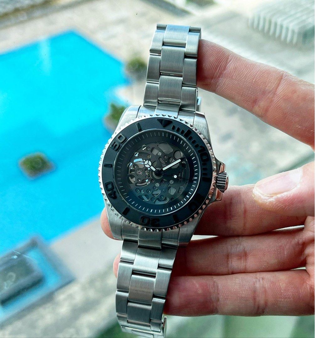 Custom Seiko Mod 43mm Black Skeleton Yachtmaster, Luxury, Watches on ...