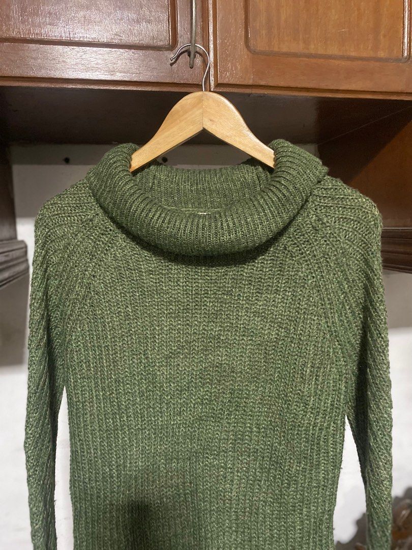 Dark Green Turtle Neck/ Folded Neck Knitted Longsleeves Cardigan, Women ...