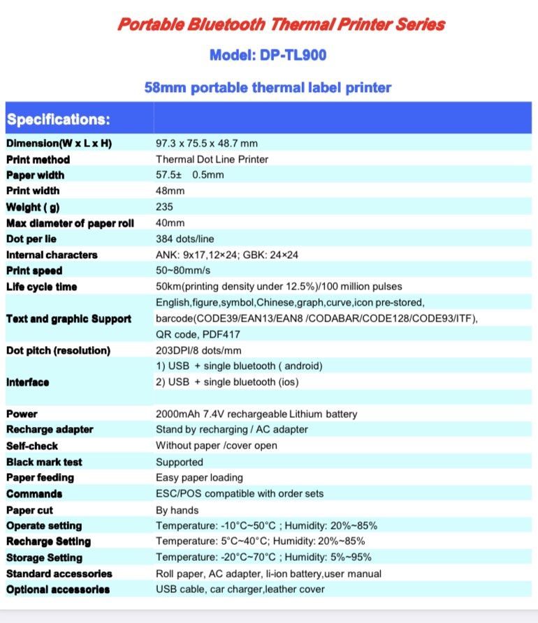 DP-TL900 mobile Bluetooth portable printer, Computers & Tech, Office ...
