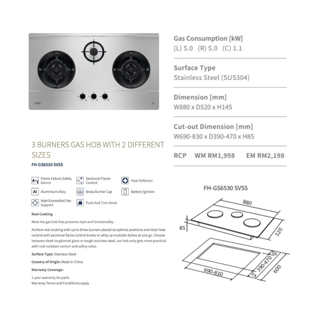 FUJIOH 2/3 BURNER GLASS/STAINLESS STEEL GAS HOB [FH-GS5530SVG/FH ...