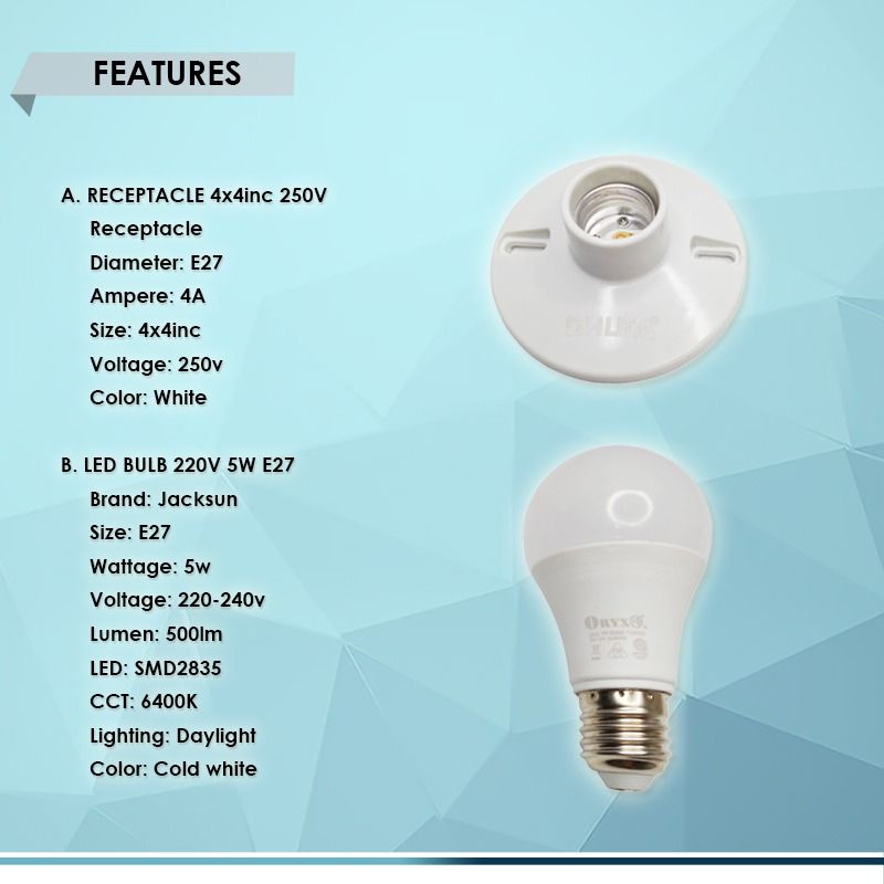 RECEPTACLE 4x4inc 250V with LED BULB 220V 5W E27 DAYLIGHT, BEST FOR ...