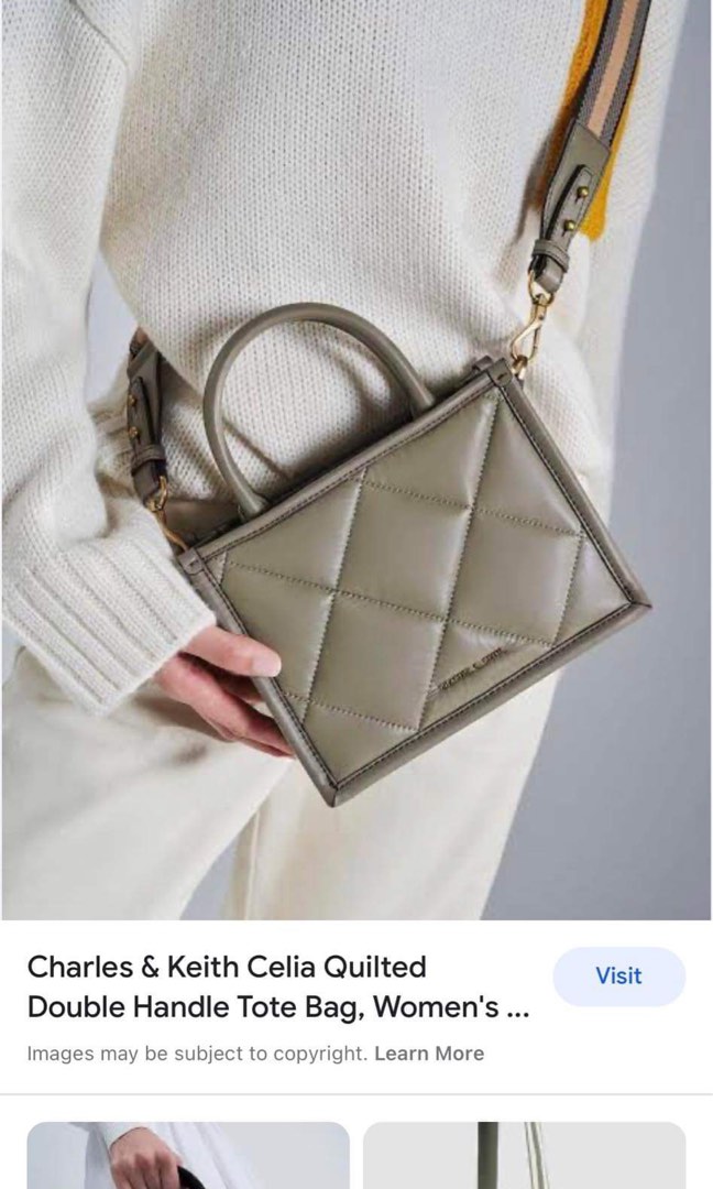 AUTH Charles & Keith Celia Quilted Double Handle Tote Bag, Women's ...