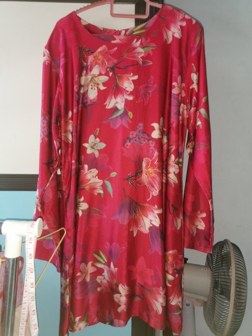 Baju kurung formal flower pattern red plain, Women's Fashion, Muslimah ...