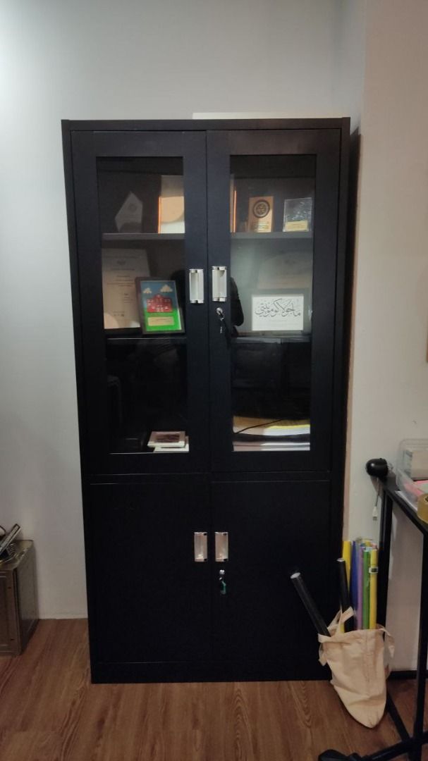 Black metal display/filing cabinet with locked doors, Furniture & Home ...
